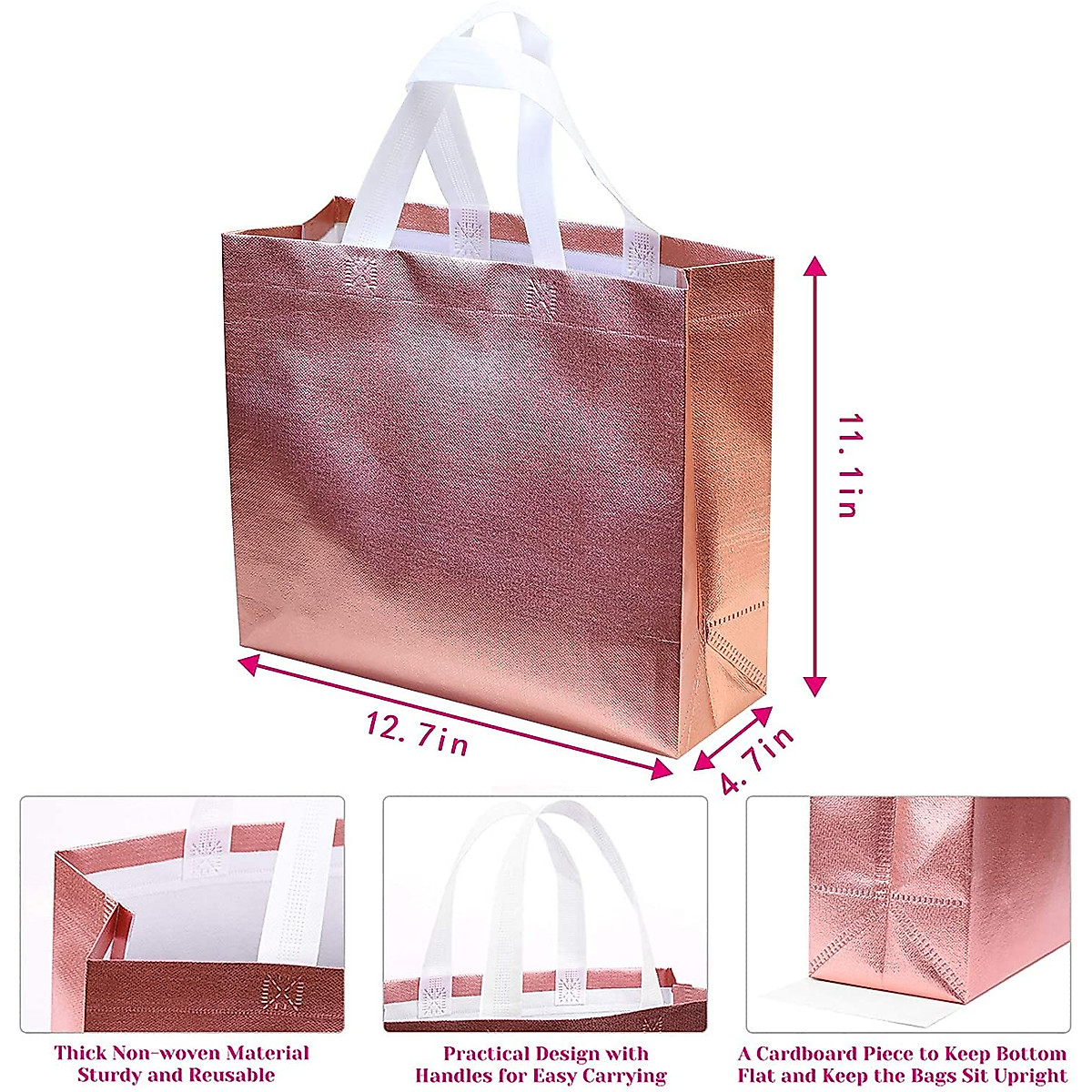 Set of 12 Glossy Reusable Grocery Bags Reusable Gift Bags with Handles Bachelorette Gift Bag Non-Woven Bridesmaid Gift Bag for Women Birthday Wedding Party Mother's Day Christmas Rose Gold
