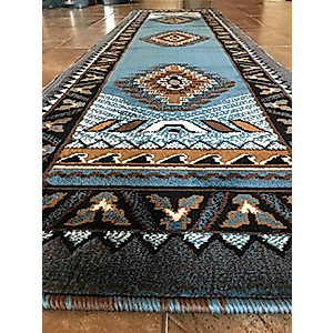 Kingdom Southwest Native American Runner Area Rug Blue & Brown Design D143 (2 Feet X 7 Feet)
