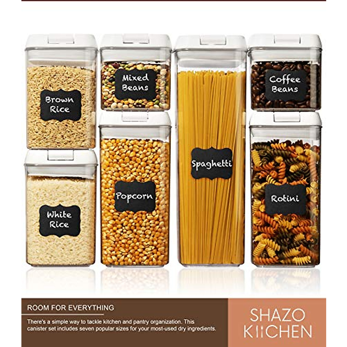 Shazo Airtight Food Storage Containers 7 Piece Set, Pantry Organizer BPA Free Plastic Flour, Pasta Containers with Easy Lock Lids for Kitchen Pantry Organization and Storage Includes Labels & Marker