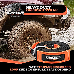 Get Out Off Road - Tow Strap Off Road Recovery 3'' X30' 30,000LB Break Strength - 4X4 Towing - Reinforced Loops - Emergency- 100% American Owned Company. Orange