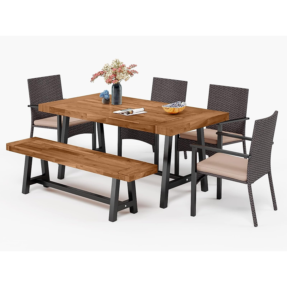 MFSTUDIO 6 Pieces Patio Dining Set with Acacia Outdoor Wood Bench and 4 Rattan Wicker Chairs, Patio Table Set for 6, Outdoor Patio Table and Chairs Dining Furniture Set for Patio