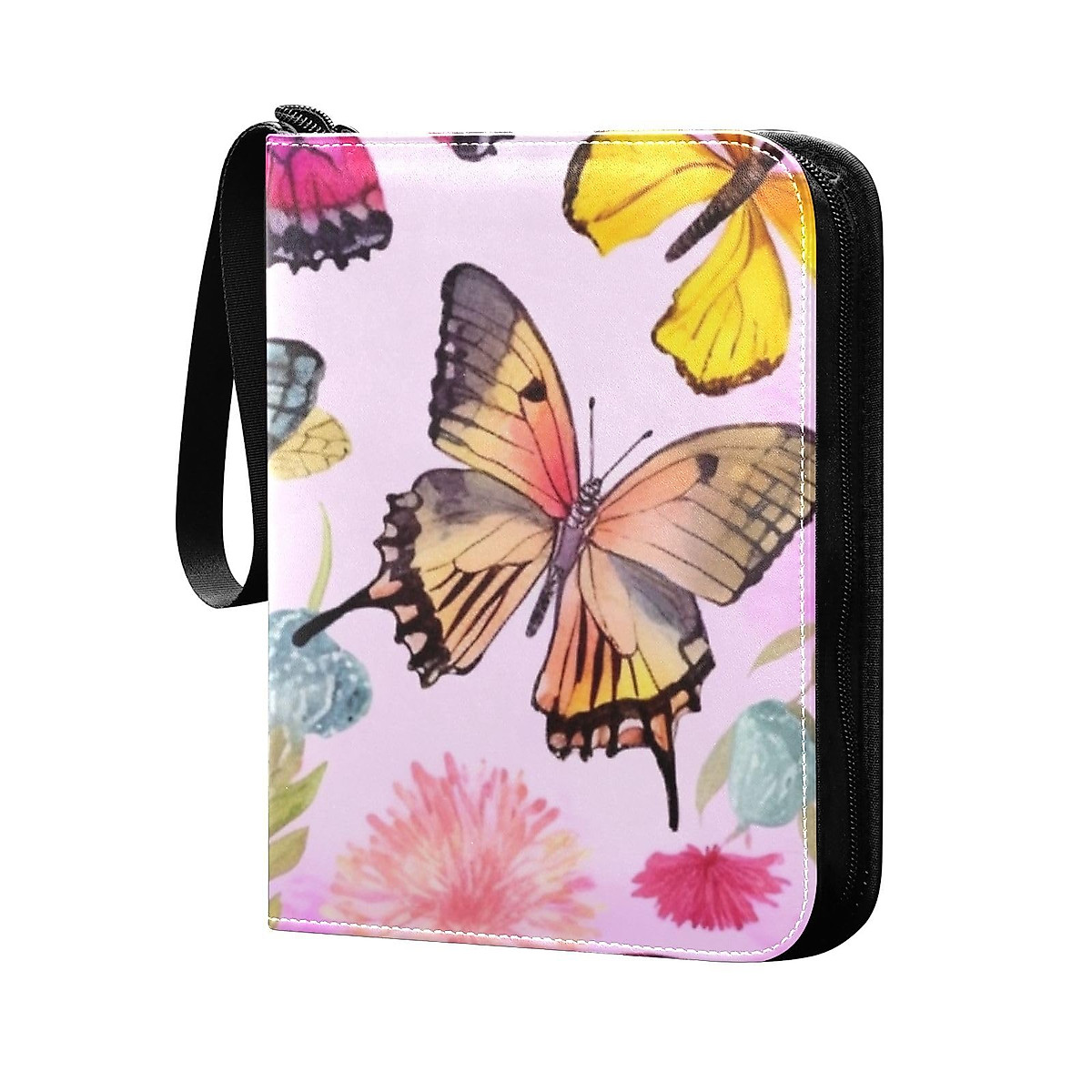 PYBUG Butterfly Trading Card Binder with Nylon Strap 4-Pocket Waterproof PU Leather Card Collection Binder for 400 Cards Sturdy Card Holder Folders for Game Cards,Sports Cards
