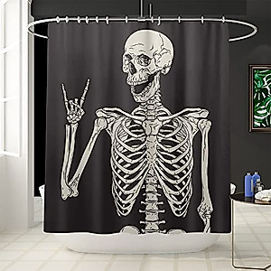 GETTOGET Rock and Roll Skull Skeleton Bone Love Music Shower Curtain Polyester Waterproof, Sugar Candy Skull Day of Dead On Black Backdrop Bath Room Shower Curtain with 12 Hooks