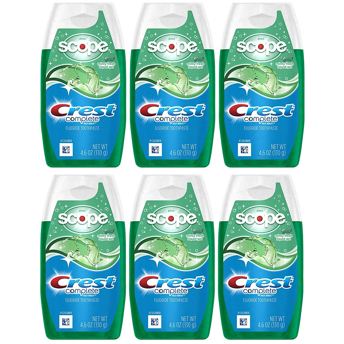 Crest Complete Whitening Plus Scope Multi-Benefit Fluoride Liquid Gel Toothpaste, Minty Fresh, 4.6 Ounce (Pack of 6)