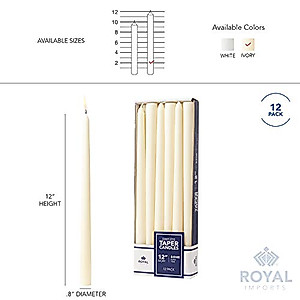Royal Imports Unscented Taper Candles, Elegant Premium Quality, Dripless & Smokeless, Hand-Dipped Dinner Candles for Wedding, Holiday, Home Decor - 9 Hour Burn Time - Set of 12 (12 Inch, Ivory)