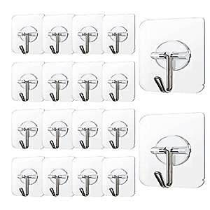 COLOGO Adhesive Hooks 24lb(Max) 60 Pack Heavy Duty Self Adhesive Hooks, Transparent Reusable Seamless Adhesive Wall Hooks for Kitchens, Bathroom, Office