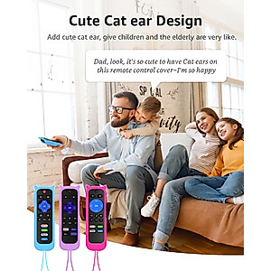 3Pcs ONEBOM Roku Remote Cover with Cat Ears Design, Silicone Skin Case Fit with Hisense/TCL Roku TV, Steaming Stick/Express, Universal Replacement Controller, Glow in The Dark,Green/Purple/RoseRed