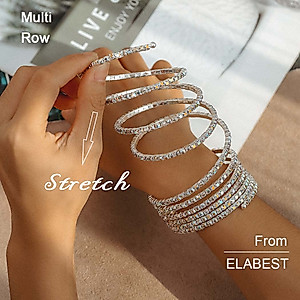 ELABEST Multi Row Crystal Bracelet Stretch Rhinestone Bling Hand Chain Bridal Ball Body Jewelry Accessories for Women (Colorful)