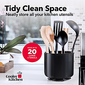 Rotating Extra Large Utensil Holder Crock with No-Tip Weighted Base, Removable Divider, And Gripped Insert - Dishwasher Safe Kitchen Utensil Holder For Kitchen Counter: Cooking Black Utensil Caddy