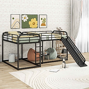 ATY L-Shaped Full and Twin Size Bunk Bed, Metal Bedframe w/Ladder & Slide, for 4 People, Bedroom, Dorm, Guestroom Supplies, Save Space Design, Black
