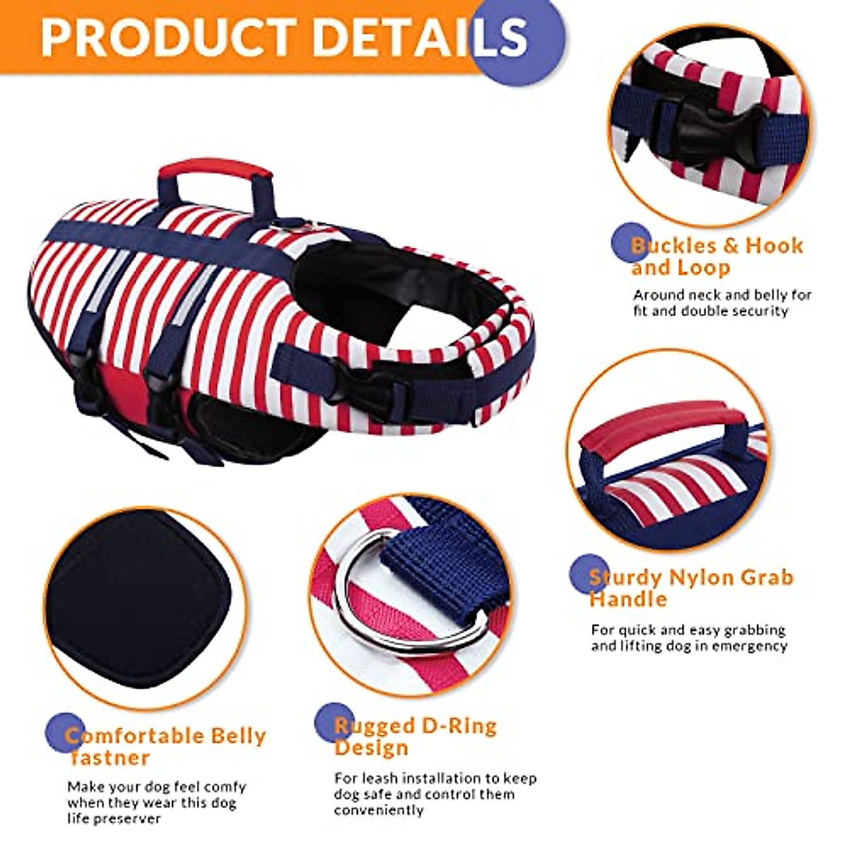 MORVIGIVE Striped Dog Life Jacket, Ripstop Dog Life Vest Preserver for Boating & Swimming with Rescue Handle, Reflective Puppy Float Coat Pet Swimsuit with Adjustable Straps and Side-Release Buckles
