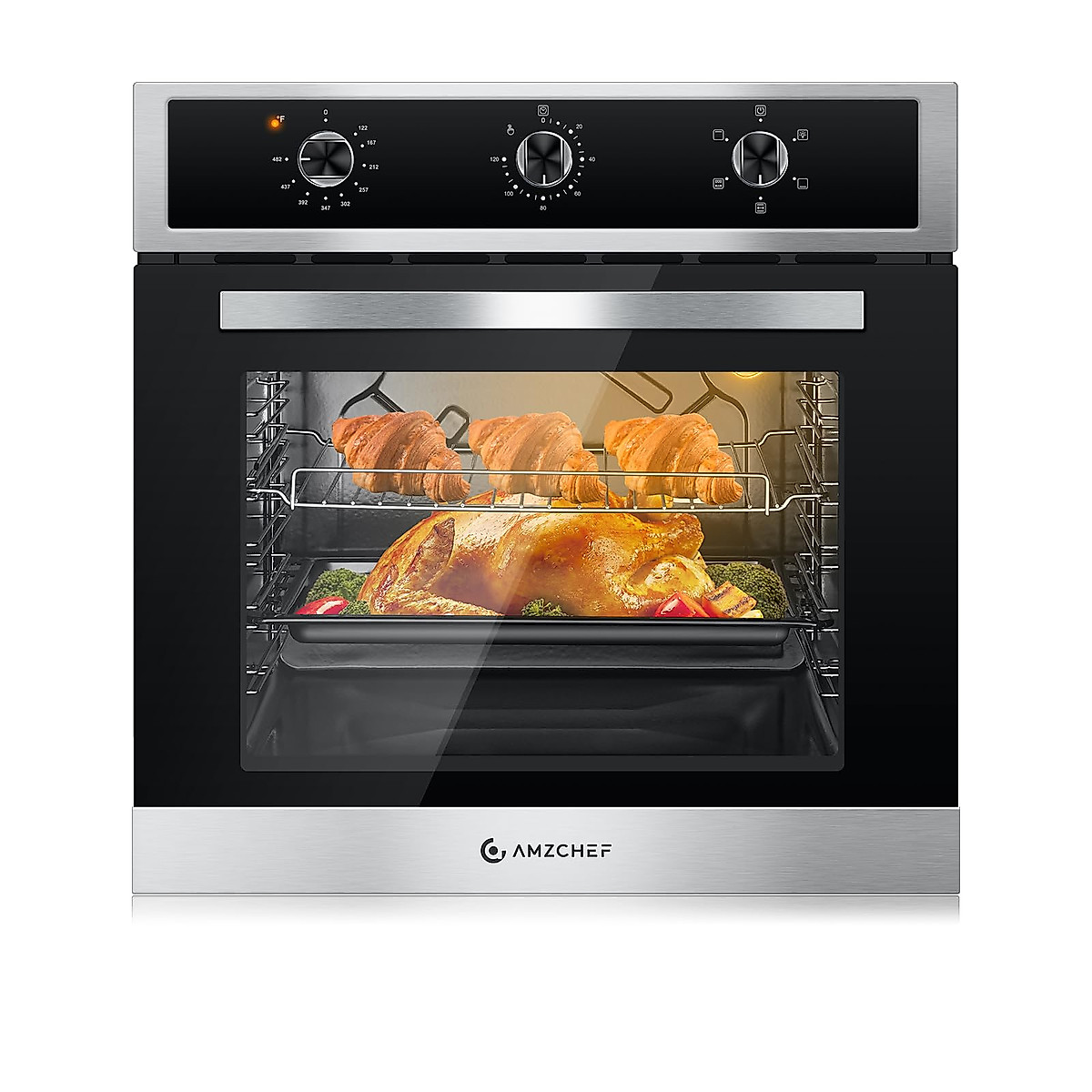 AMZCHEF 24" Single Wall Oven, 2.65 Cu.ft. Built-in Electric Wall Oven with 5 Cooking Functions, 360° ROTATING ROTISSERIE, 2200W, Mechanical Knobs Control, Timer, Stainless Steel Wall Oven for Kitchen