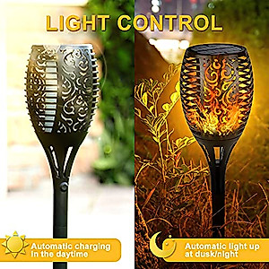 Fuurin LED Solar Torch Lights, 4Pack 96LED Solar Tiki Torches Landscape Decoration, Solar Pathway Lights for Garden Patio Driveway (96LED 4Pack, Warm White)