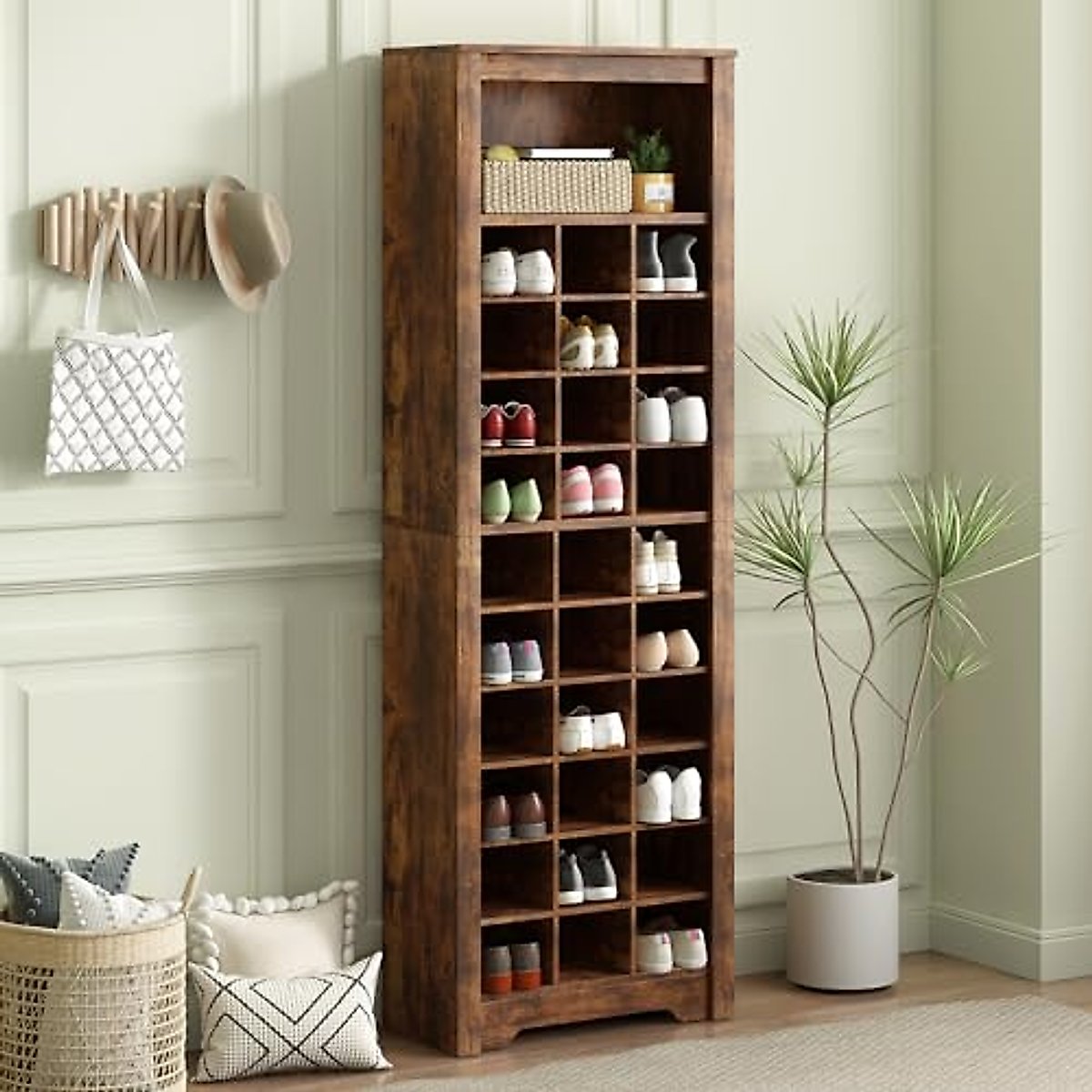 Goohome Stylish Design 30 Shoe Cubby Console, Contemporary Free Standing Tall 10-Tier Shoe Storage Cabinet with Multiple Storage Capacity and Versatile Use for Hallway, Entryway, Space-Saving