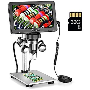 7'' Digital Microscope 1200X,Dcorn 12MP 1080P Photo/Video Microscope with 32GB TF Card for Adults Soldering Coins,Metal Stand,Wired Remote,10 LED Fill Lights,PC View,Windows/Mac Compatible