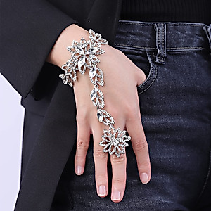 YERTTER Dainty Spark Shining Rhinestone Crystal Hand Chain Bracelet with Finger Ring Flower Slave Link Bracelet Wedding Bridals Hand Jewelry (Style 13)