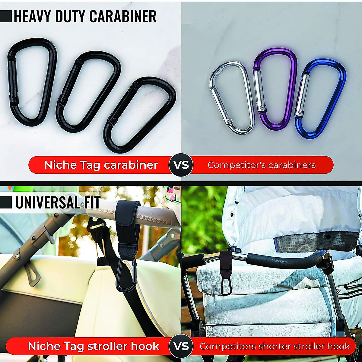 Baby Stroller Hooks,2 Pack Mommy Hook for Stroller for Hanging Diaper Bags,Purse,Stroller Organizer,Leather Stroller Hooks,Suitable for All Strollers and Trolleys Universal Stroller Clips (Black)