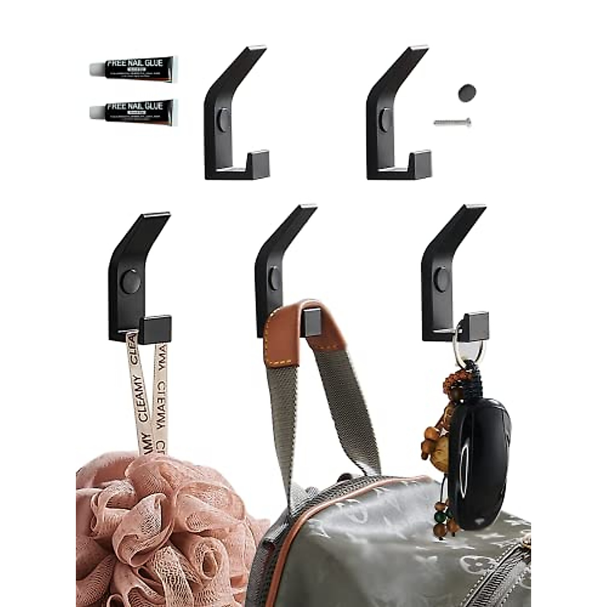 Leacas Bag Hooks, Hat Hooks, Towel Hooks for Bathroom Wall Mounted Towel Hooks Heavy Duty Black Waterproof Wall Hooks Sticky for Hanging Shower Bath Robe Coat Clothes in Bathroom Kitchen (5 pics)