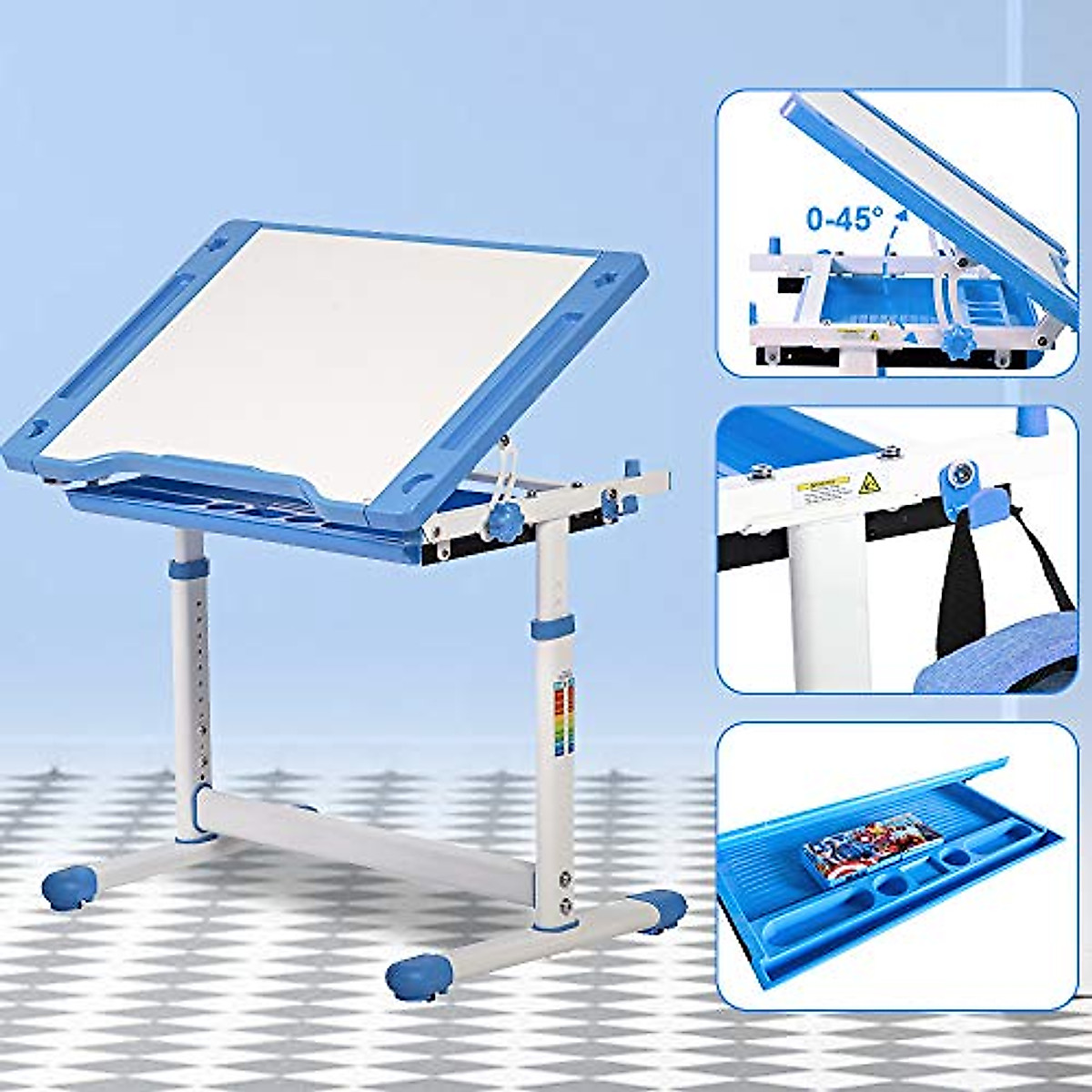 Kids Desk and Chair Set Adjustable Height Ergonomic Children's Table with Storage Drawer Kids Study Homework Desk Table for 3-15 Kids (Blue)