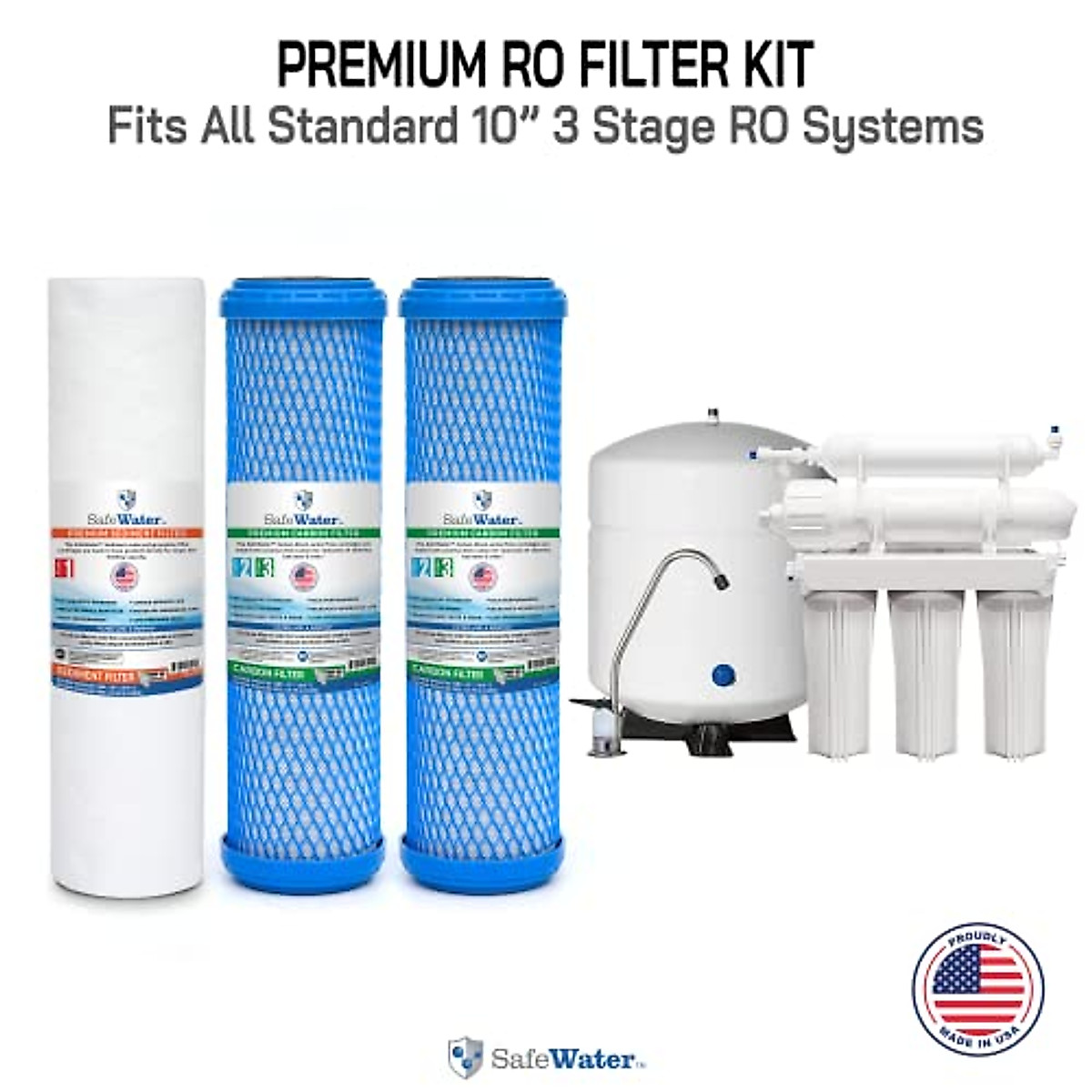 SafeWater RO Essentials Kit: (2) Premium Carbon Block Filters & (1) Premium Sediment Filter- Made in U.S.A & NSF Certified to Reduce Fines, Sediment, Chlorine, Taste, Odor, and Harsh Chemicals.