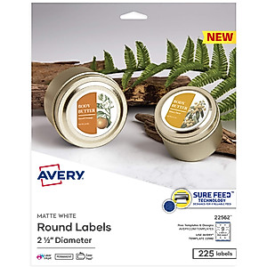 Avery Printable Blank Round Labels, 2.5" Diameter, Matte White, 225 Customizable Labels (22562)
