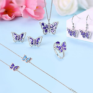 925 Sterling Silver Pretty Sparkly Cz Crystal Monarch Morpho Light Dark Purple Butterfly Wing Dangle Earrings for Women Amethyst February Birthstone Jewelry Mothers Day Graduation Birthday Christmas Gifts
