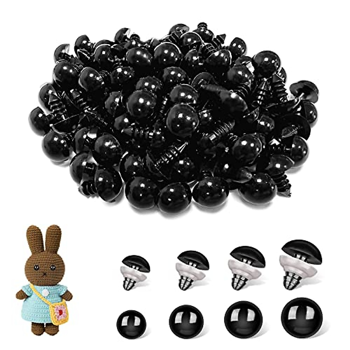800 Pcs Safety Eyes Black Plastic Eyes with Washers for Stuffed Crochet Animal Crafts Doll Making Supplier Bulk (4 Sizes)