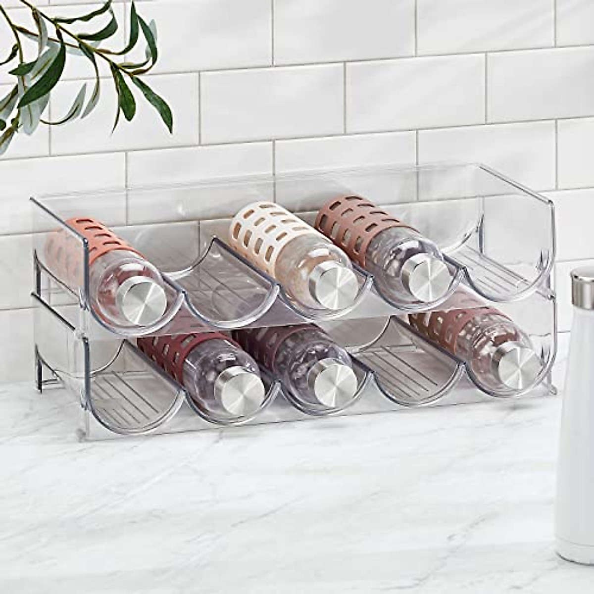 mDesign Plastic Free-Standing Water Bottle and Wine Rack Storage Organizer for Kitchen Countertops, Table Top, Pantry, Fridge - Stackable - Holds 5 Bottles Each, 2 Pack - Clear