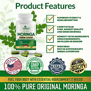MOGO Organic Moringa Powder Capsules,180 Ct | Moringa Supplement for Energy, Immunity & Joint Health, Our Moringa Capsule Made with Pure Moringa Powder Organic,Vegan and Non GMO.