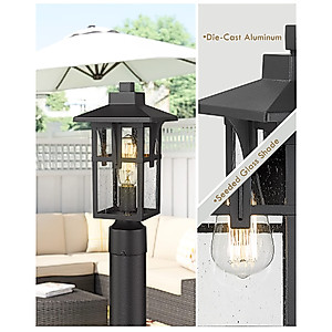 Exterior Post Light, HWH Outdoor Pole Lantern Pillar Light Fixture with Seeded Glass Shade, Matte Black Finish, 5HX62P BK