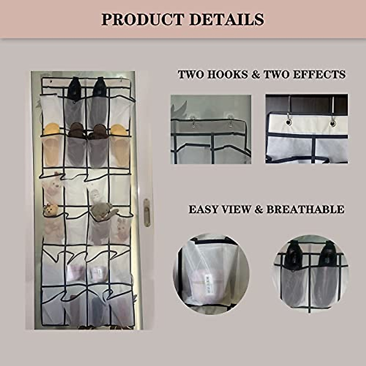 JOYUETLAN Over the Door Shoes Organizers, 24 Large Mesh Pockets& 2 Kinds of Hooks, Versatile Usage Shoe Hanger for Home Dormitory Closet Door (White)