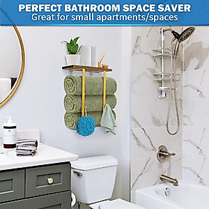 Ranslen Towel Racks Organizer for Bathroom Wall Mounted,Metal Towel Rack with Wooden Shelf and 2 Hooks,Black Storage Holder Organizer for Large/Small Towels,Hand Towels,Washcloths,Spa,RV,Matte Golden