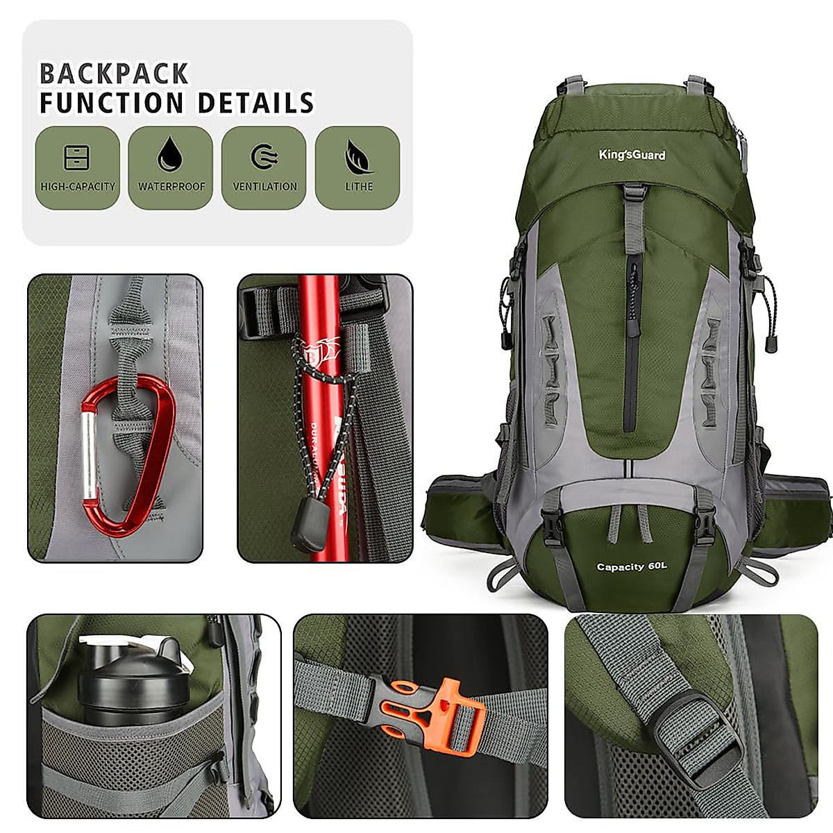 King'sGuard 60L Hiking Backpack Men Women Camping Backpack Waterproof Backpacking Mountaineering Climbing Daypack with Rain Cover (Army Green)