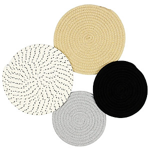 Casaphoria Potholders Set Trivets Set 4pcs 2Sizes 7 & 9 Inches Diameter 100% Eco Pure Cotton Thread Weave Trivets Hot Pots Pans Kitchen Trivets Dishes (Touch of Glam), Brown and Black