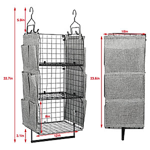 3 Tier Hanging Shelves Wall Mount Metal Wire Basket with 9 Canvas Pockets &Removable Hooks,Foldable 3-Shelf Clothing Closet Storage Organizer for Bedroom Baby Nursery Cloth Sweaters Handbags Cap Black