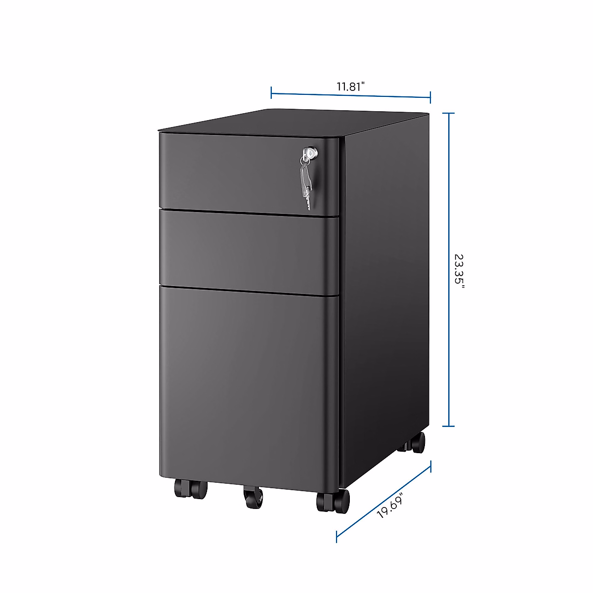 Mount-It! Slim Rolling Under Desk Cabinet, Mobile Filing Cabinet with 3 Drawers and Lock for Home & Office Storage, Black