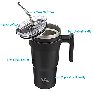 Konokyo 20 oz Tumbler with Handle and 2 Straw 2 Lid, Insulated Water Bottle Stainless Steel Vacuum Cup Reusable Travel Mug,Black