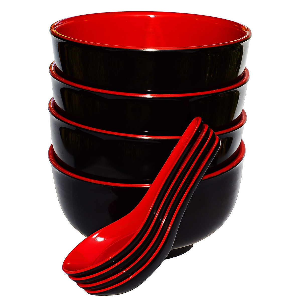Calvin & Co Set of 4 Melamine Miso Soup Cereal Bowls and Spoons 5 inches (Small, Red & Black) 11 fluid ounces