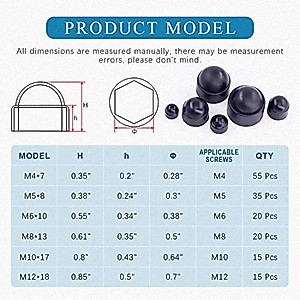 Glarks 160Pcs Black Bolt Covers Screw Caps Assortment Kit, M4 M5 M6 M8 M10 M12 Nylon Acorn Dome Protection Caps for Protecting Hexagon Shaped Screws Bolts (Black)