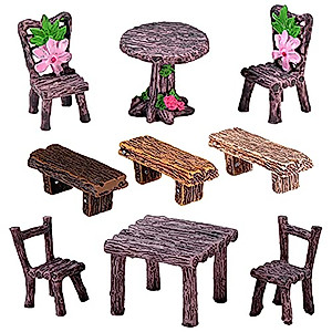 Miniature Fairy Garden Wooden Tables Benches 9 Pcs Dollhouse Accessories Micro Landscape Garden Decoration Plant Flower Pots Ornaments Dollhouse Accessories