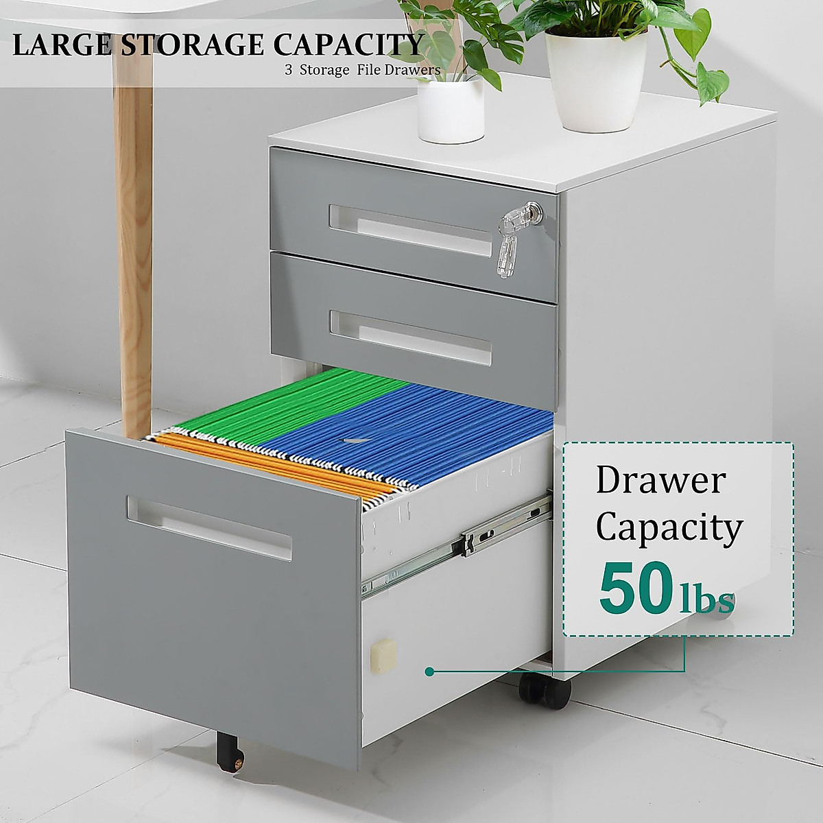 GOOGIC 3-Drawer Mobile File Cabinets, Rolling Metal Vertical Filing Cabinet for Legal & Letter File Anti-tilt Design with Lock Fully Assembled Except Wheel, Gray&White(Style 3)