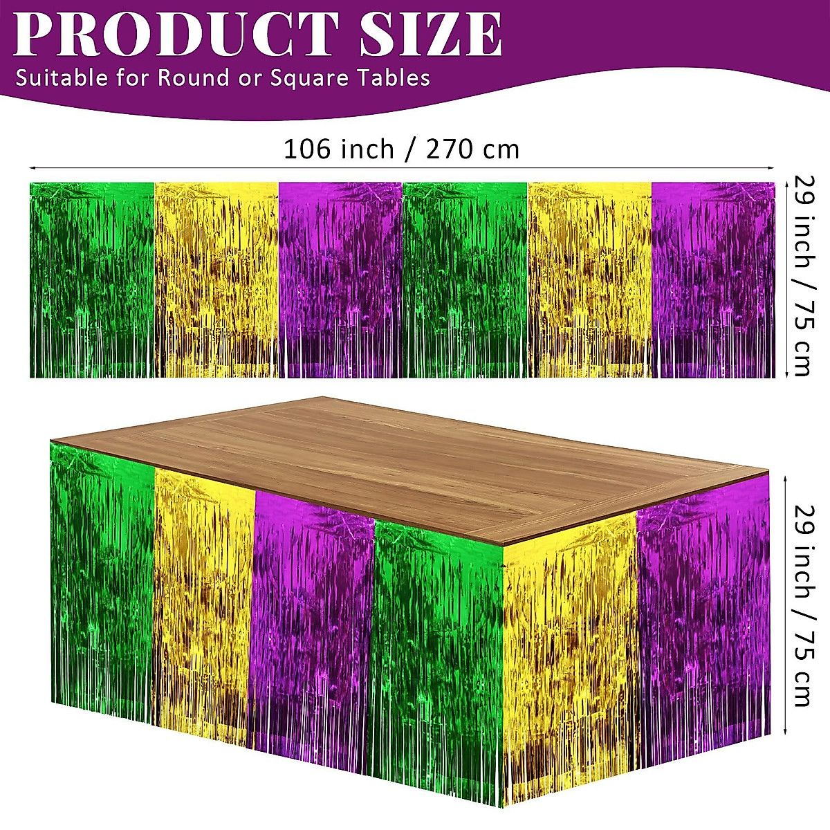 URATOT 2 Pack 29 x 106 Inches Mardi Gras Metallic Fringe Table Skirt Mardi Gras Decorations for Party Gold Green Purple Foil Fringe Table Skirt