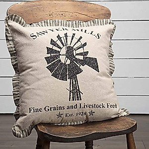 VHC Brands Farmhouse Pillows & Throws-Sawyer Mill Tan 18" x 18" Pillow, 18x18, Windmill Charcoal