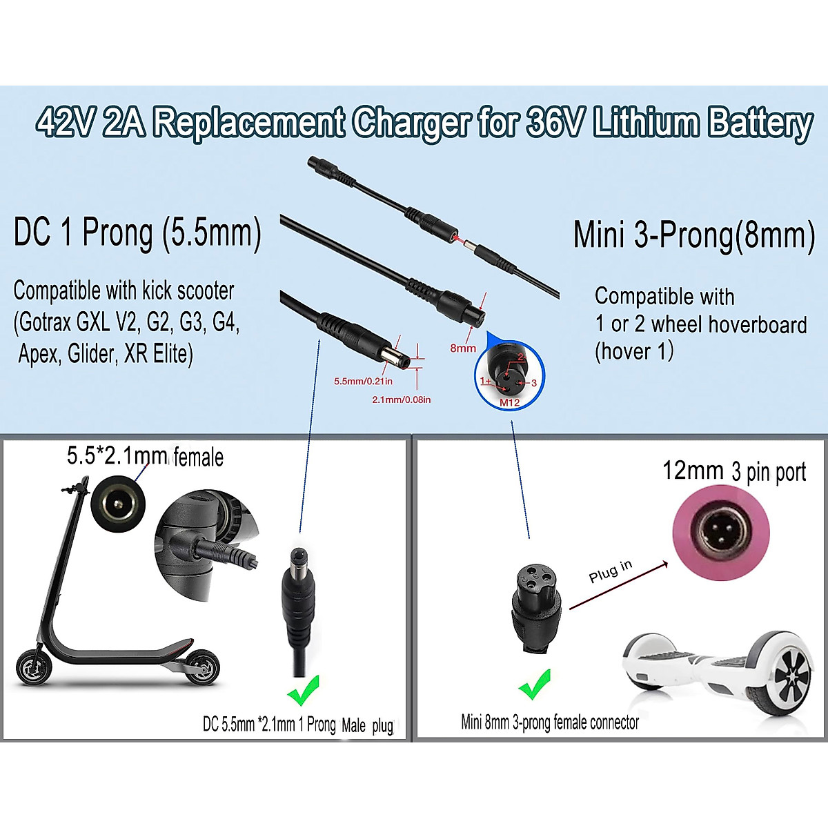 42V 2A Battery Charger Replacement 2 Plugs DC 2.1mm 1 Prong and 8mm 3 Prong Connector for 36V Lithium Battery, Power Supply Adapter 36 Volt Device
