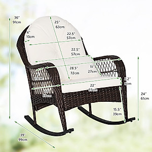 ORALNER Patio Wicker Rocking Chair, Outdoor PE Rattan Rocker with Seat and Back Cushion, Waist Pillow, Armrests, Garden Chair for Porch, Backyard, Poolside, Deck (1, Off White)