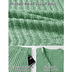 Micoson Womens Pajama Sets Fuzzy Long Sleeve Loungewear Soft Knit Button Top and Shorts 2 Piece Pj Set Sweatsuits for Gift Holiday Green M