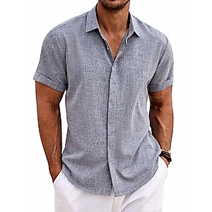 COOFANDY Men's Casual Shirts Button Down Linen Shirt Short Sleeve Cotton Linen Shirts for Men Summer Beach Yoga T Shirts Dark Blue Grey