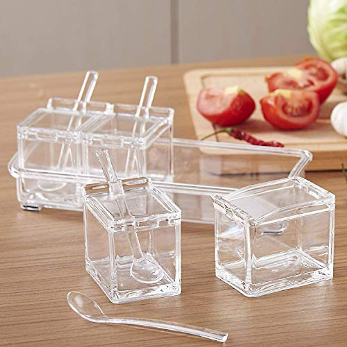 Clear Seasoning Rack Spice Pots by AIQI - 4 Piece Acrylic Seasoning Box - Storage Container Condiment Jars - Cruet with Cover and Spoon