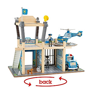 Hape Metro Police Station Play Toy Set with Sounds and Lights| 2-Level Wooden Pretend Play Toy with Action Figures and Accessories