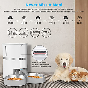 Automatic Cat Feeder, Smart Pet Food Dispenser with APP Control ,WiFi Enabled Automatic Feeder for Dogs, Cats & Small Pets, Double Stainless Steel Bowls,6 Meals Portion Control and Voice Recording